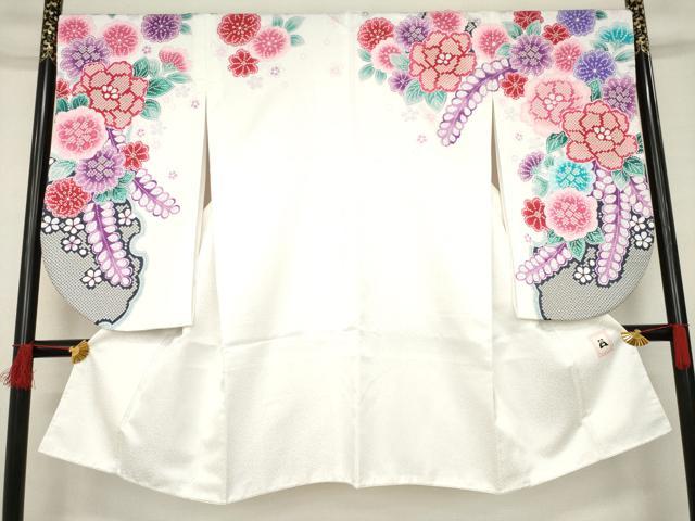 平和屋着物●「anan」ブランド　小振袖　二尺袖　駒刺繍　雪輪花文　銀通し地　洗える着物　未使用　AABB3221ck