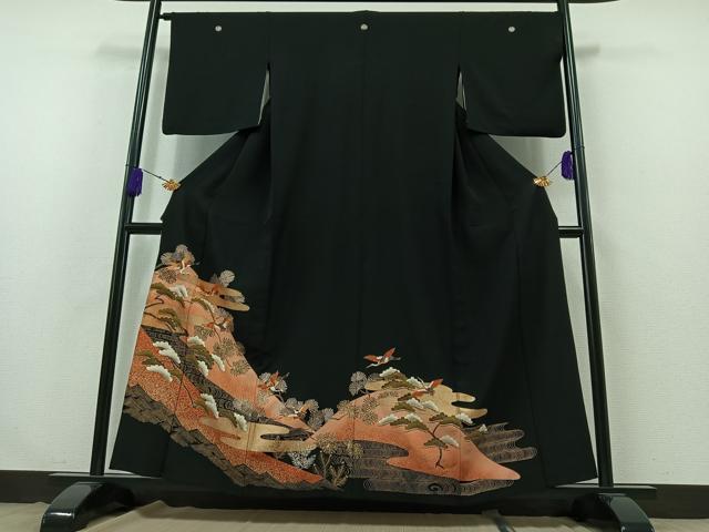 平和屋着物▽豪華黒留袖　単衣　駒刺繍　飛鶴風景松文　金糸　金彩　正絹　逸品　AABB3591jh