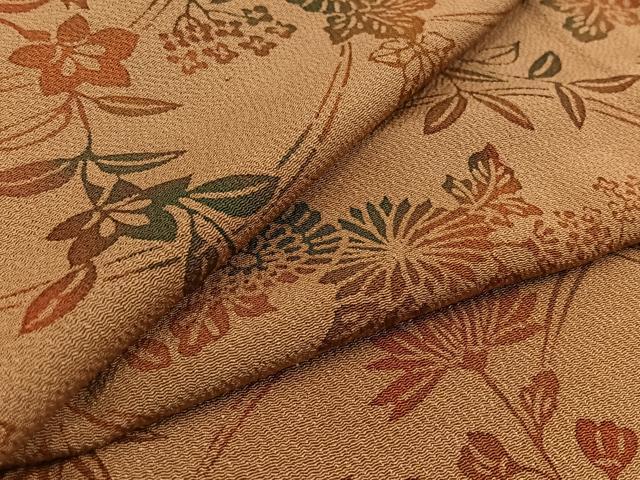 平和屋着物▽上質な小紋　単衣　型染め　草花文　鬼しぼ縮緬　正絹　逸品　AABB3593jh