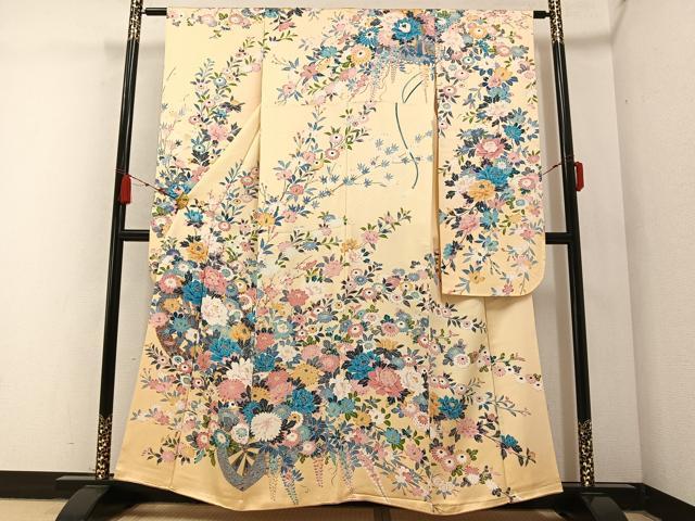 平和屋着物●豪華振袖　友禅　作家物　枝花文　正絹　逸品　AABB3628ph