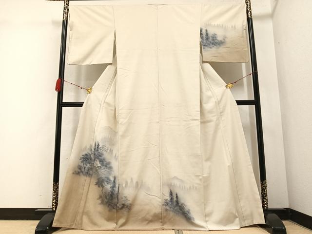 平和屋着物●訪問着　紬地　手描き　風景樹林文　正絹　逸品　AABB3678ph