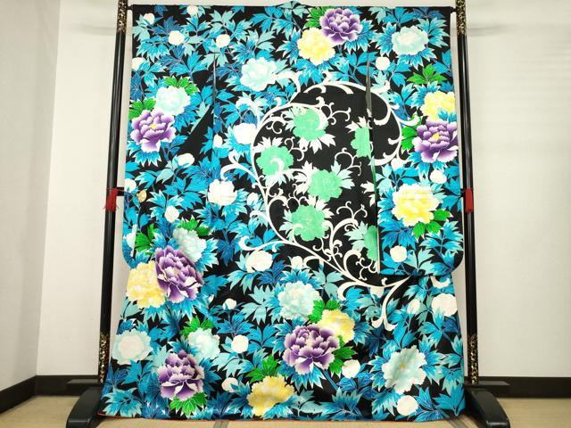 平和屋着物●豪華振袖　駒刺繍　花唐草文　黒地　銀彩　正絹　逸品　AABB3807ck