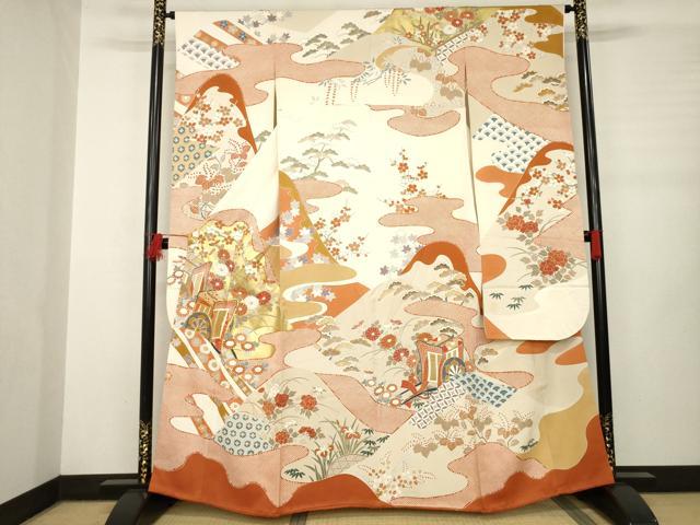 平和屋着物●豪華振袖　駒刺繍　御所車花文　金彩　正絹　逸品　AABB3818ck