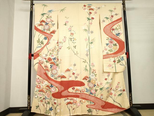 平和屋着物●豪華振袖　駒刺繍　絞り　流水花文　正絹　逸品　AABB3835ck