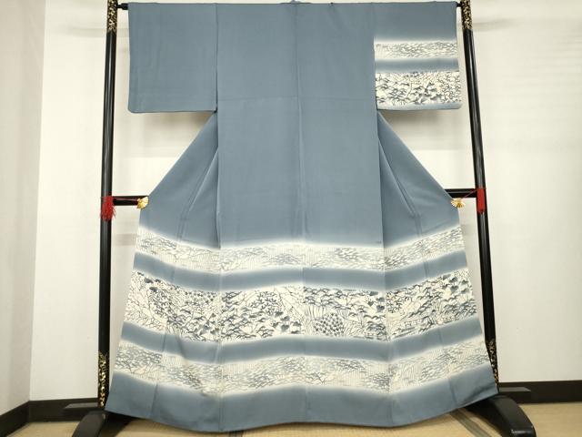 平和屋着物●訪問着　型染め　横段風景文　正絹　逸品　AABB3836ck