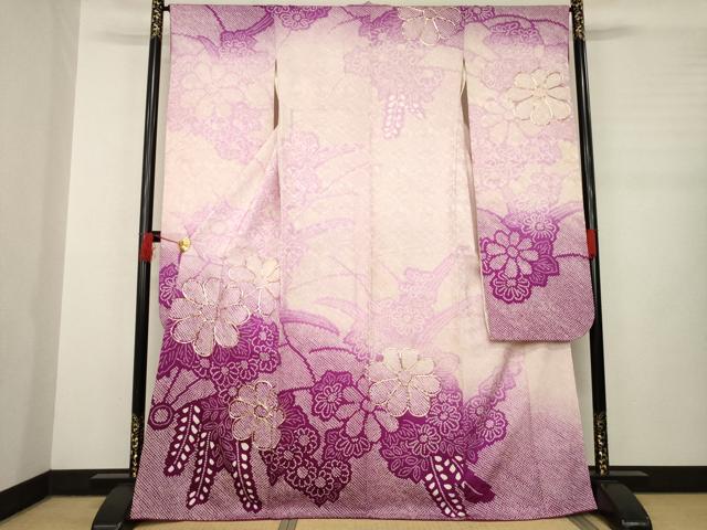 平和屋着物●豪華振袖　総絞り　駒刺繍　草花文　暈し染め　正絹　逸品　AABB3841ck