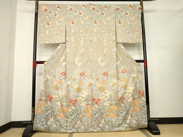 平和屋着物●訪問着　紬地　流水草花文　正絹　逸品　AABB3848ck