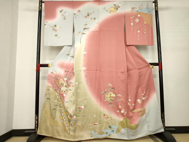平和屋着物●訪問着　鴛鴦雪輪花文　暈し染め　金彩　正絹　逸品　AABB3855ck