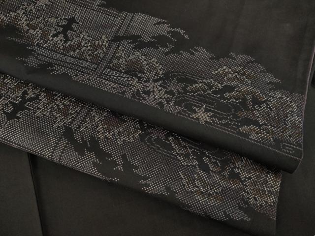 平和屋着物●本場大島紬　カタス7マルキ　横段風景文　黒地　正絹　逸品　AABB3876ck