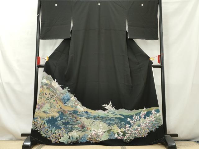 平和屋着物●豪華黒留袖　渡橋人物風景文　正絹　逸品　AABB4239cs