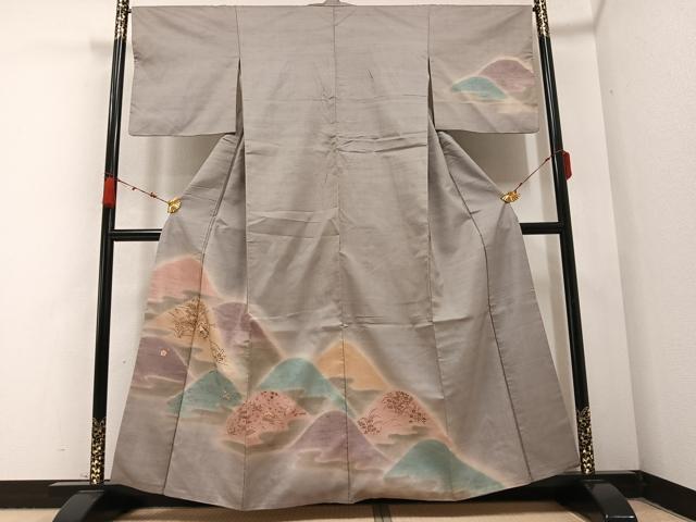 平和屋着物●訪問着　紬地　刺繍　草花文　暈し染め　金彩　正絹　逸品　AABB4338ph