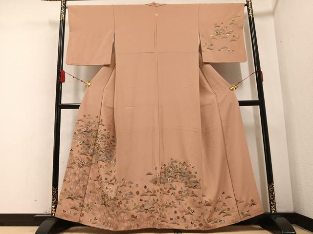 平和屋着物●訪問着　中国三大刺繍　汕頭刺繍　スワトウ刺繍　草花文　金糸　正絹　逸品　AABB4365ph