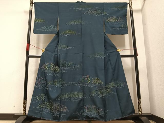 平和屋着物●訪問着　紬地　手描き　ろうけつ染め　草花文　正絹　逸品　未使用　AABB4396ph