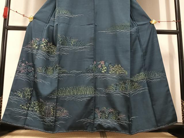 平和屋着物○訪問着 紬地 手描き ろうけつ染め 草花文 正絹 逸品 未