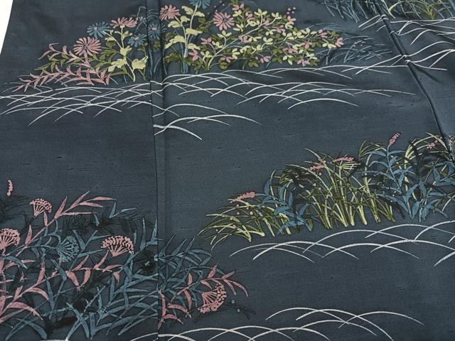 平和屋着物●訪問着　紬地　手描き　ろうけつ染め　草花文　正絹　逸品　未使用　AABB4396ph 平和屋着物○訪問着 紬地 手描き ろうけつ染め 草花文 正絹 逸品 未