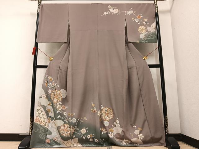 平和屋着物●訪問着　駒刺繍　扇面花籬文　暈し染め　金彩　正絹　逸品　AABB5149ph