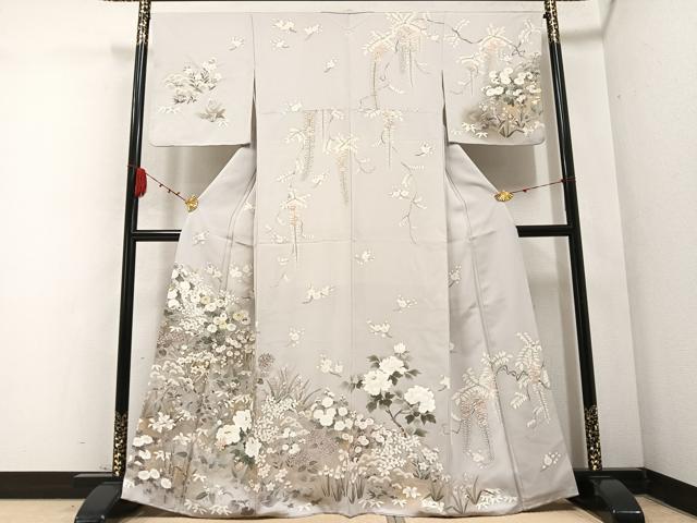 平和屋着物●訪問着　友禅　駒刺繍　草花文　金彩　正絹　逸品　AABB5160ph