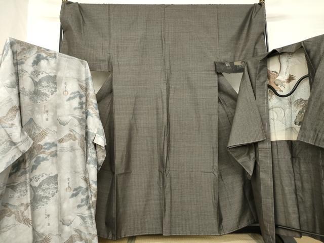 平和屋着物●男性　本場大島紬　アンサンブル　長襦袢(袷)セット　格子　反端付き　キングサイズ　正絹　逸品　未使用　AABB5421ck