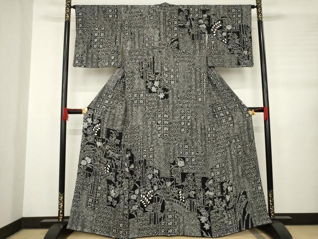 平和屋着物●訪問着　総絞り　短冊花文　黒地　正絹　逸品　AABB5429ck