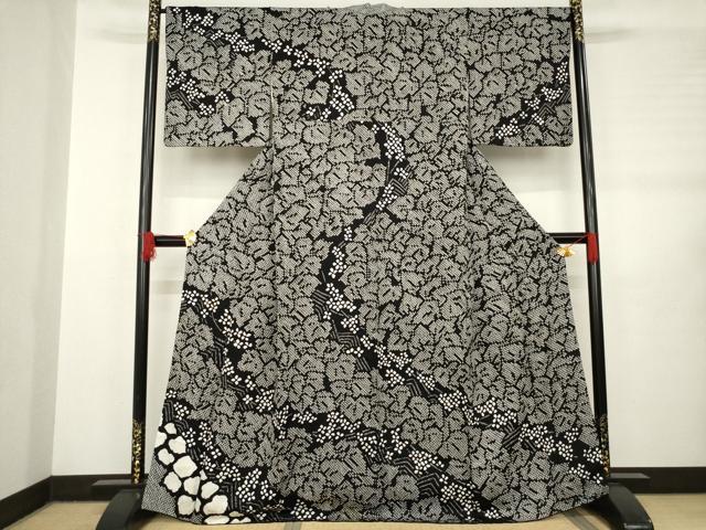 平和屋着物●訪問着　絞り　花蔦草文　黒地　正絹　逸品　AABB5433ck