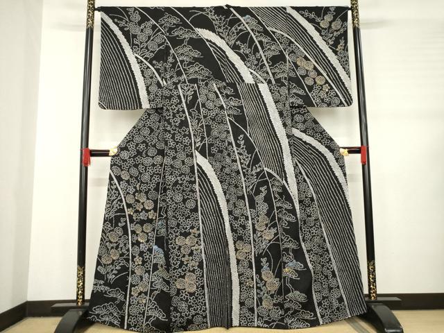 平和屋着物●訪問着　絞り　吉祥花文　松　黒地　金彩　正絹　逸品　AABB5441ck