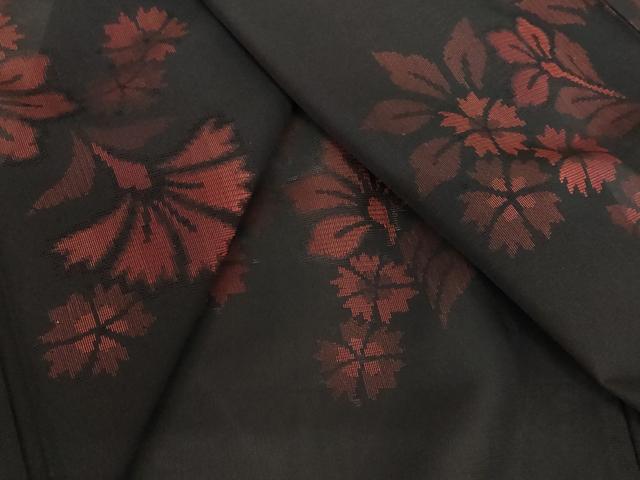 平和屋着物＊夏物　小紋　紗　草花文　黒地　正絹　逸品　AABB5923st