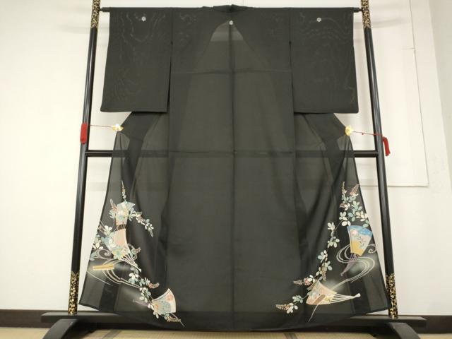 平和屋着物＊夏物　アンティーク　大正ロマン　黒留袖　絽　扇面草花文　両褄　正絹　逸品　AABB5933st