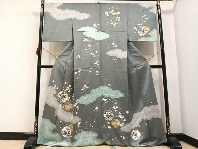 平和屋着物●訪問着　駒刺繍　絞り　雪輪枝花文　金彩　正絹　逸品　未使用　AABB6250ph