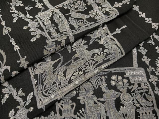 平和屋着物●上質な小紋　人物花鳥文　黒地　正絹　逸品　AABB6256ph