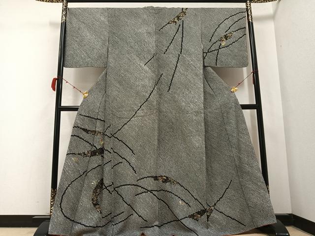 平和屋着物●訪問着　絞り　刺繍　草花文　黒地　金彩　正絹　逸品　AABB6293ph