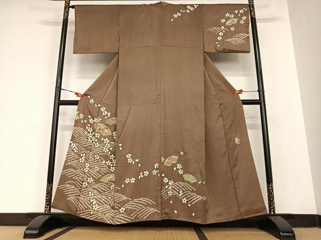 平和屋着物●訪問着　作家物　駒刺繍　絞り　地紙花文　正絹　逸品　AABB6355zg