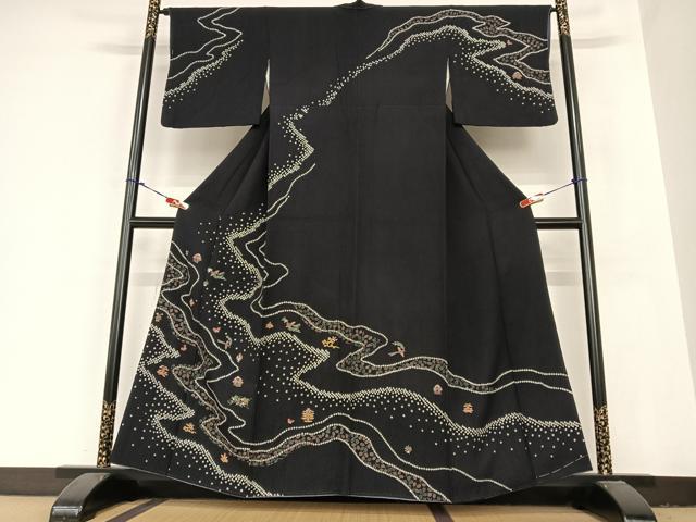 平和屋着物●訪問着　絞り　中国三大刺繍　スワトウ刺繍　汕頭刺繍　花喰い鳥花蝶文　黒地　正絹　逸品　AABB6376zg