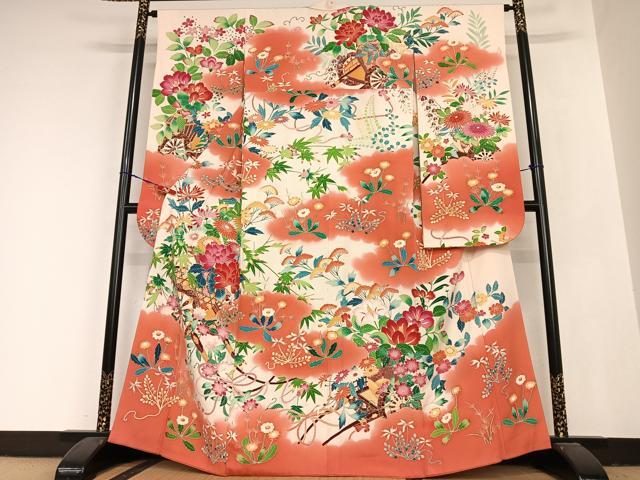 平和屋着物●豪華振袖　友禅　作家物　花車文　暈し染め　正絹　逸品　AABB6398zg