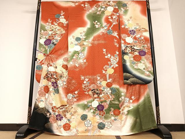 平和屋着物●豪華振袖　檜扇花文　暈し染め　金彩　正絹　逸品　AABB6399zg