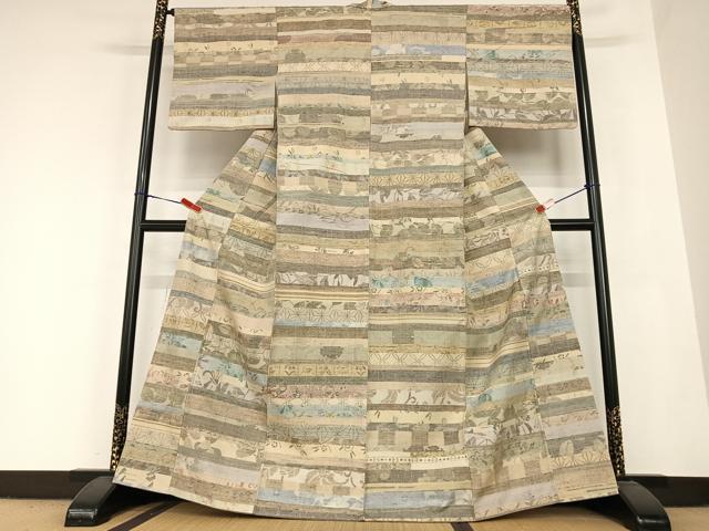 平和屋着物●小千谷紬　横段花文　百柄　正絹　逸品　AABB6501zg