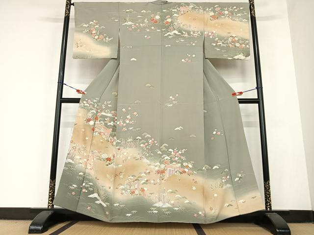 平和屋着物●訪問着　友禅　松竹梅御所車文　暈し染め　金彩　正絹　逸品　AABB6544zg