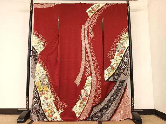 平和屋着物●ブライダルファッションデザイナー・桂由美　振袖　駒刺繍　御所車花文　金糸　金彩　正絹　逸品　AABB6601np