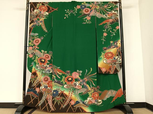 平和屋着物●手ざし京紅型染・宮崎紅型　宮崎良次　振袖　花鳥文　暈し染め　正絹　逸品　AABB6613np
