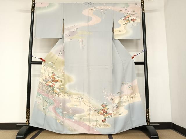 平和屋着物●訪問着　駒刺繍　雪輪草花文　金糸　金彩　正絹　逸品　AABB6615np