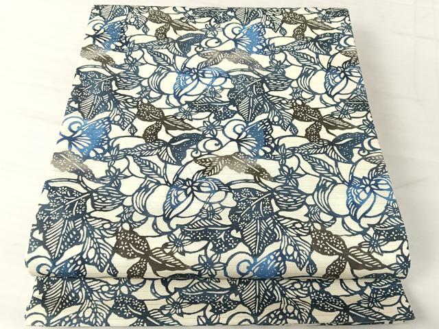 平和屋着物＊夏物　創業70余年　あやせ染芸　塩瀬　九寸開き名古屋帯　本手差し　江戸紅型　花鳥唐草文　正絹　逸品　AABB6644np