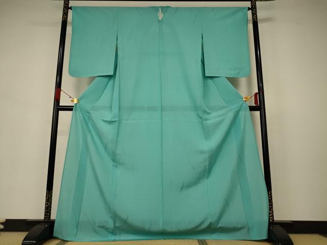 平和屋着物＊夏物　色無地　絽　枝葉紋紗　青緑色　ロング丈　正絹　逸品　AABB6736jd