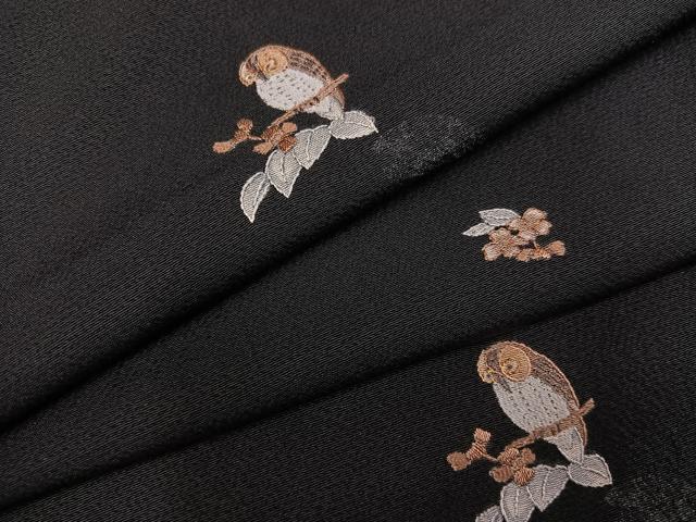 平和屋着物●上質な小紋　刺繍　梟　フクロウ　花　黒地　金糸　正絹　逸品　AABB7243ph
