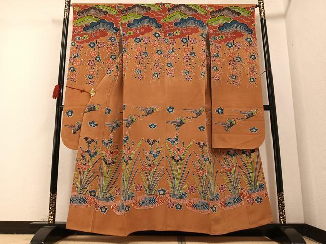 平和屋着物●紅型　振袖　花鳥文　鬼しぼ縮緬　正絹　逸品　AABB7272ph