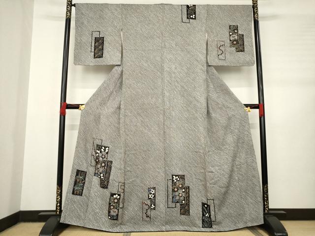 平和屋着物●訪問着　総絞り　短冊花文　黒地　金彩　正絹　逸品　AABB7300ck