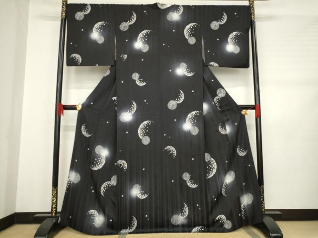 平和屋着物●極上　小紋　花丸文　月　蛍暈し　黒地　正絹　逸品　AABB7350ck