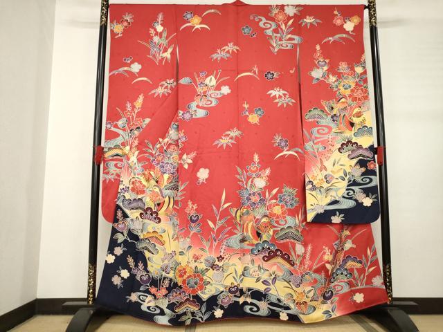 平和屋着物●豪華振袖　型染め　流水鴛鴦花文　暈し染め　金彩　正絹　逸品　AABB7352ck