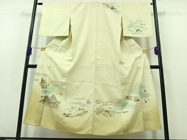 平和屋着物▽訪問着　単衣　紬地　作家物　風景人物文　正絹　逸品　AABB7741jh