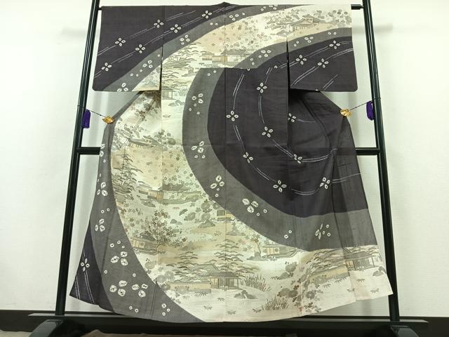 平和屋着物▽染織の名門　しょうざん　生紬　訪問着　単衣　風景花文　金彩　正絹　逸品　AABB7744jh