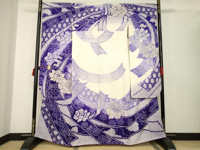 平和屋着物●豪華振袖　総絞り　駒刺繍　蔓帯花文　正絹　逸品　AABB7955ck