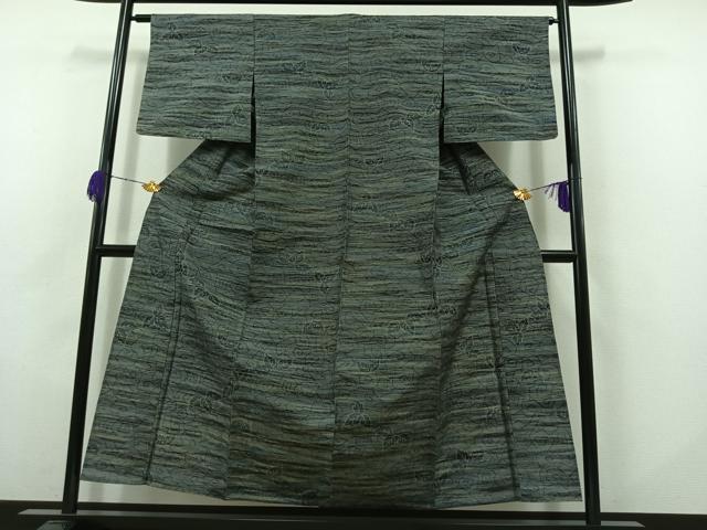 平和屋着物▽上質な紬　単衣　草葉文　正絹　逸品　AABB8019jh